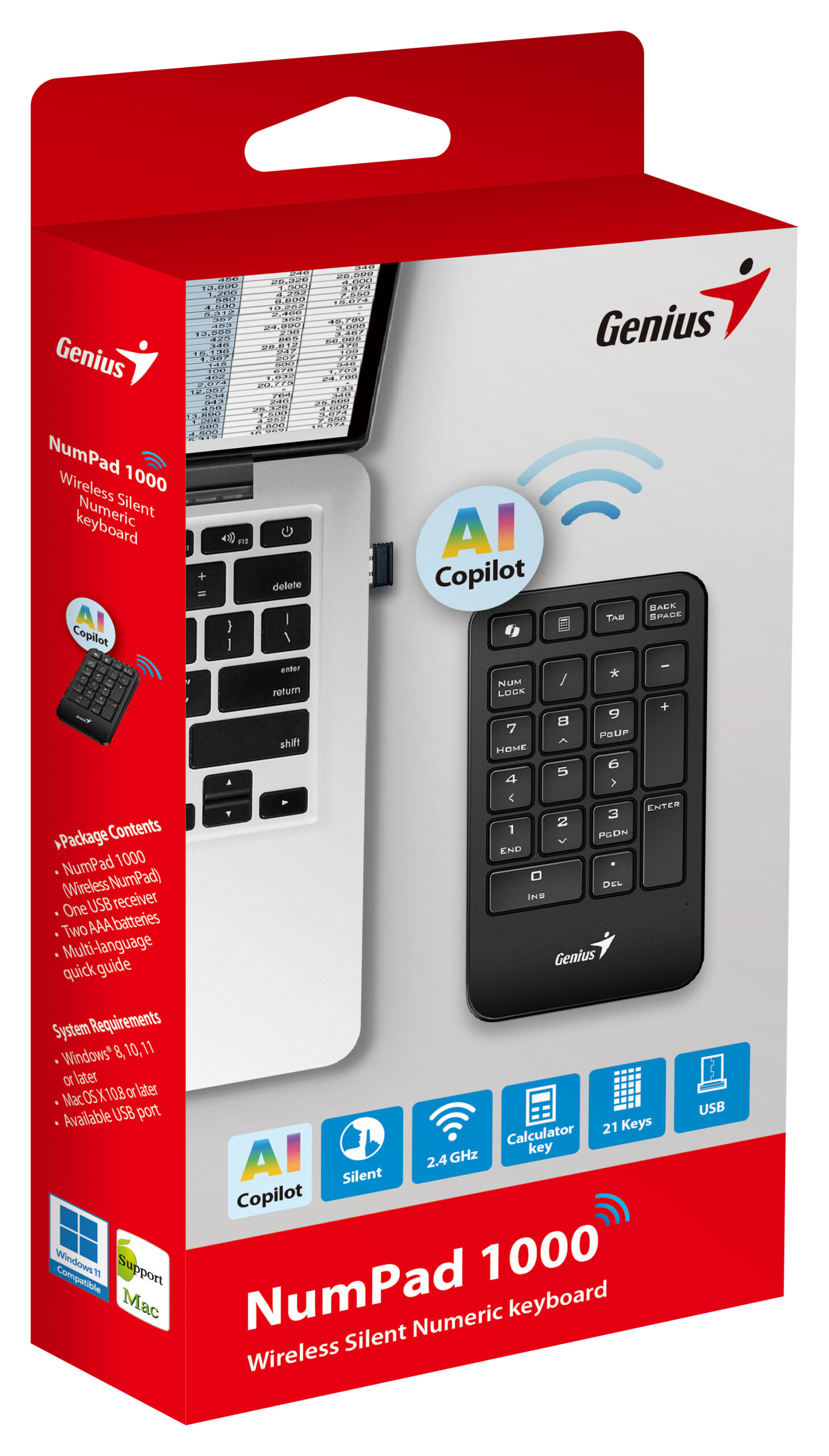Genius Keyboard Numeric Pad Wireless AI w/Palm Rest NumPad 1000 - nxt ...