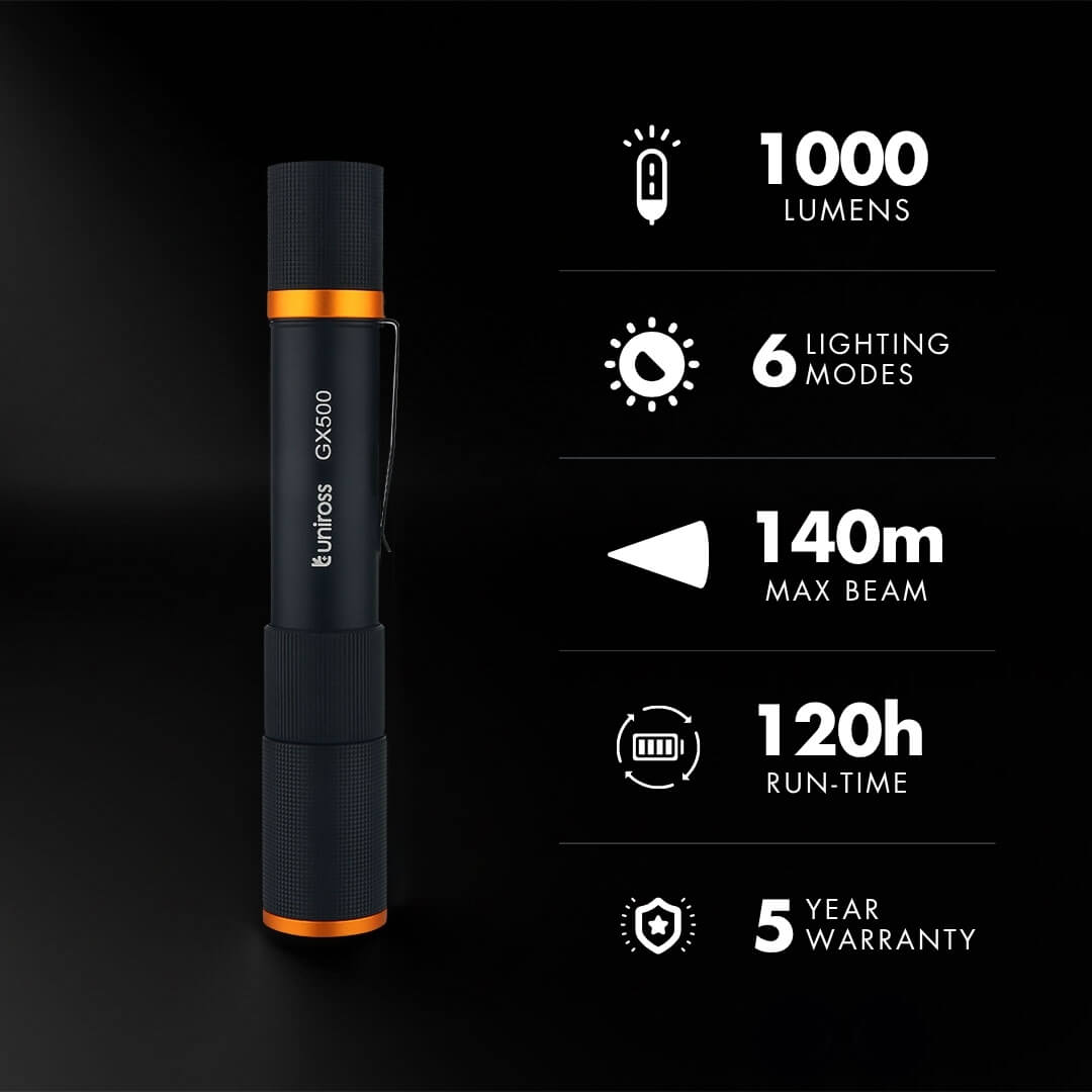 Uniross GX500 USB Rechargeable Torch IP44 Waterproof Aluminium 1000 ...